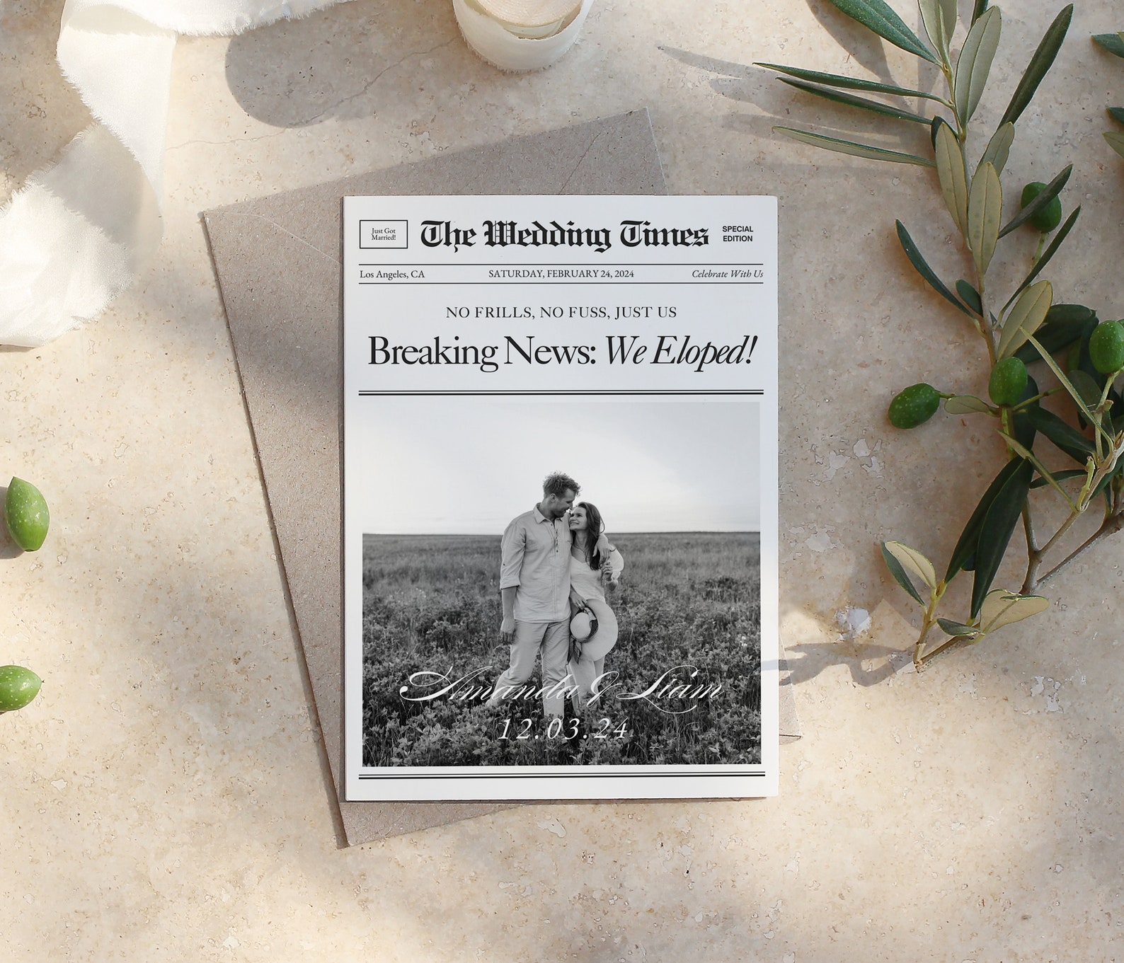 Newspaper Card Wedding Elopement Announcement Template, Printable ...