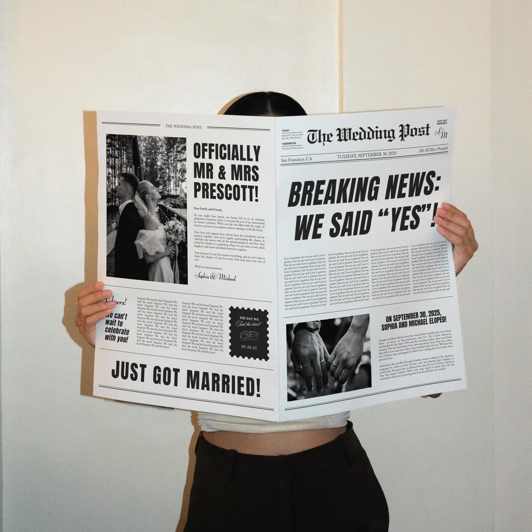 Elopement Announcement Wedding Newspaper Template, Printable Intimate ...