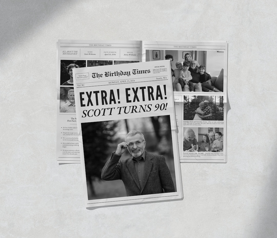 90th Birthday Newspaper Template, Printable Large Newspaper Gift for ...