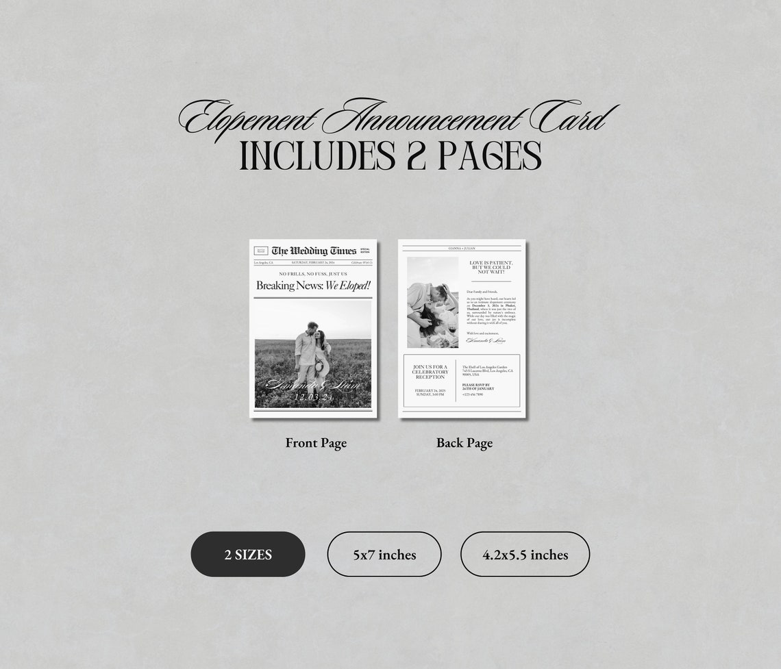 Newspaper Card Wedding Elopement Announcement Template, Printable ...