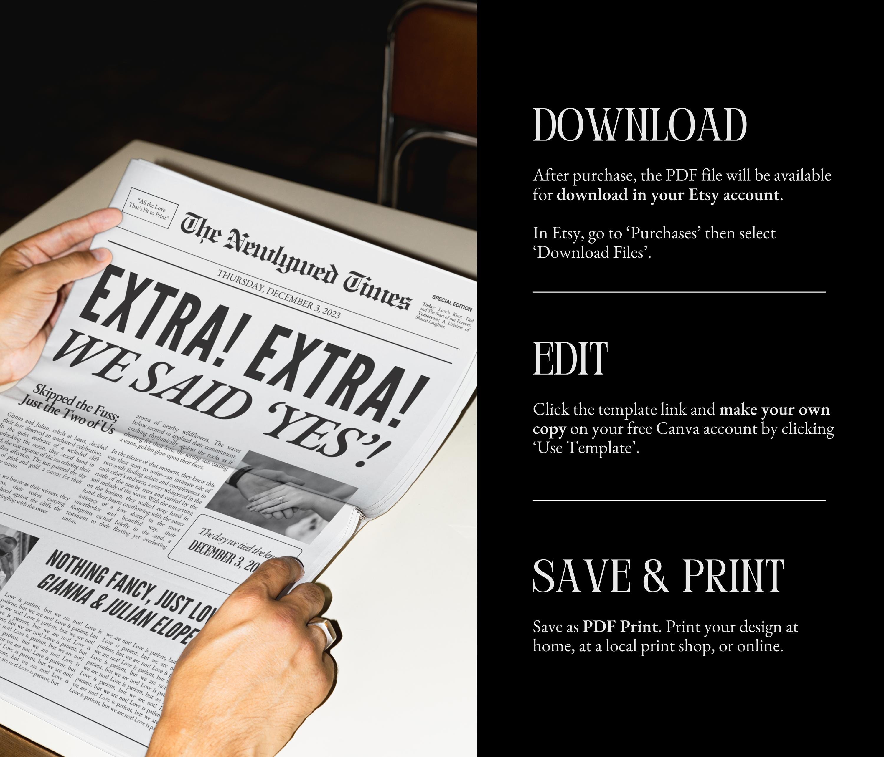 Newspaper Elopement Wedding Announcement Template, Printable Intimate ...