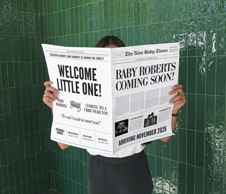 Newspaper New Baby Announcement Template, Printable Large Pregnancy ...