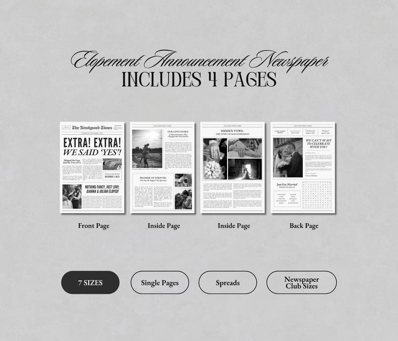 Wedding Elopement Announcement Newspaper Template, Printable Intimate ...