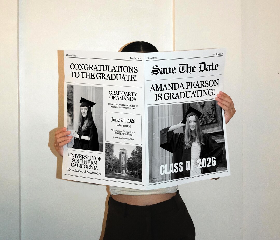 Newspaper Graduation Save the Date Template, Printable Newspaper ...