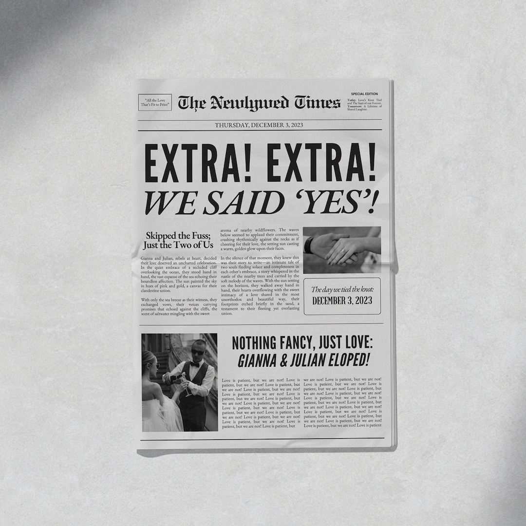 Wedding Elopement Announcement Newspaper Template, Printable Intimate ...