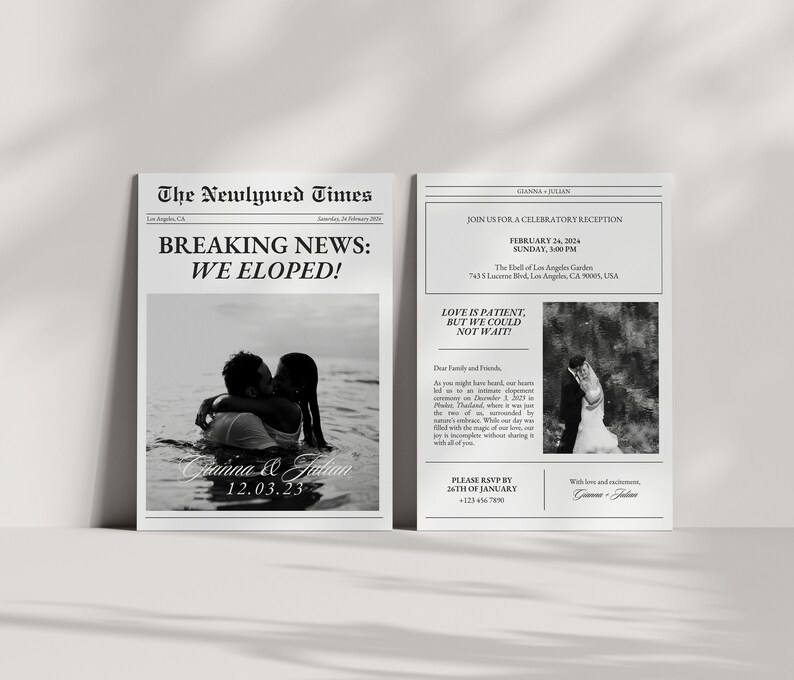 Elopement Wedding Newspaper Card Announcement Template, Printable ...