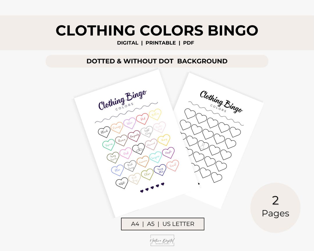 Printable Clothing Colors Bingo Page Journal, Printable Bingo Page ...