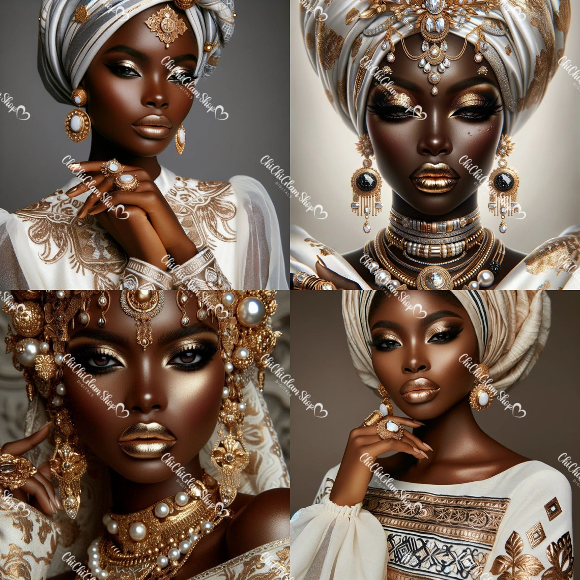 Regal African Woman Digital Art Bundle | Set of 4 Elegant Portraits ...