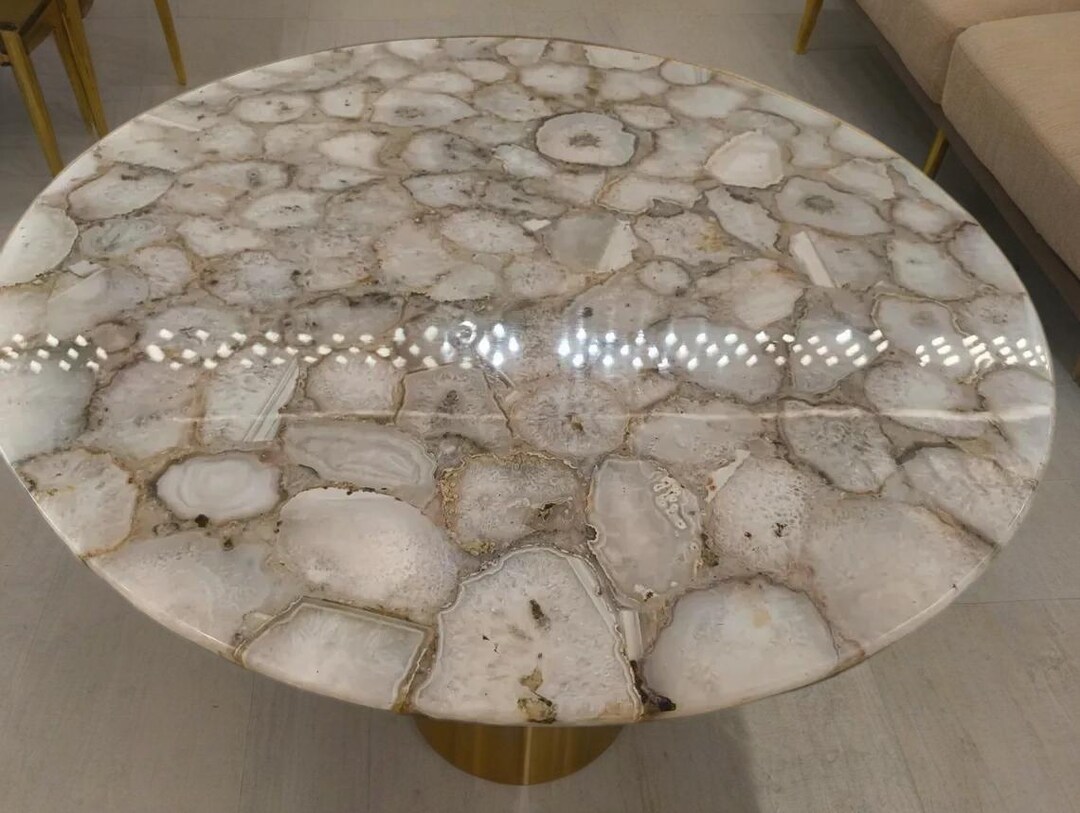 White Agate Round Dining Table Top, Agate Stone Coffee Table, Center ...