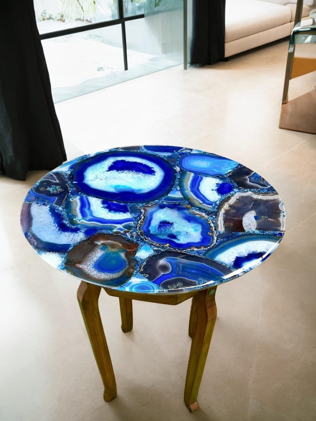 Round Blue Agate Side Table Accent Table, Agate Marble Table, Gemstone ...