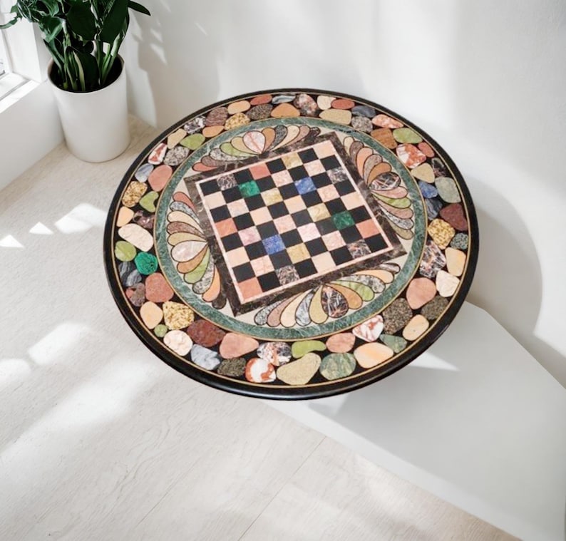 Marble Chess Table Top in Round Shape With Semi Precious Mosaic Stone ...