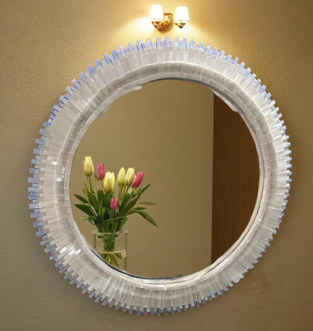 Luxury Round Selenite Mirror, Wall Hanging Mirror, Selenite Gemstone ...