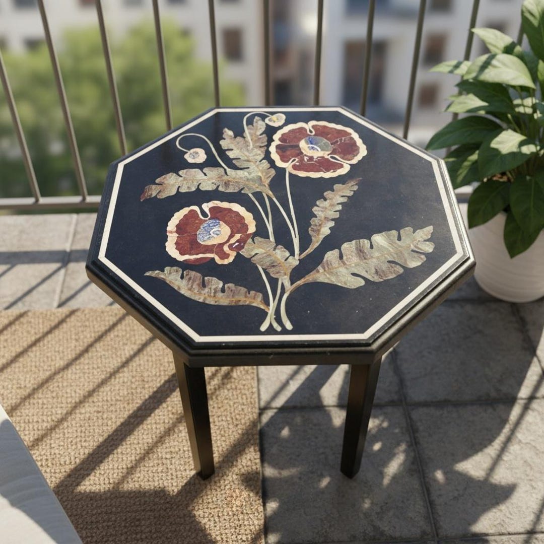 Octagon Black Marble Table Top, Handmade Floral Inlay, Home Decor - Etsy