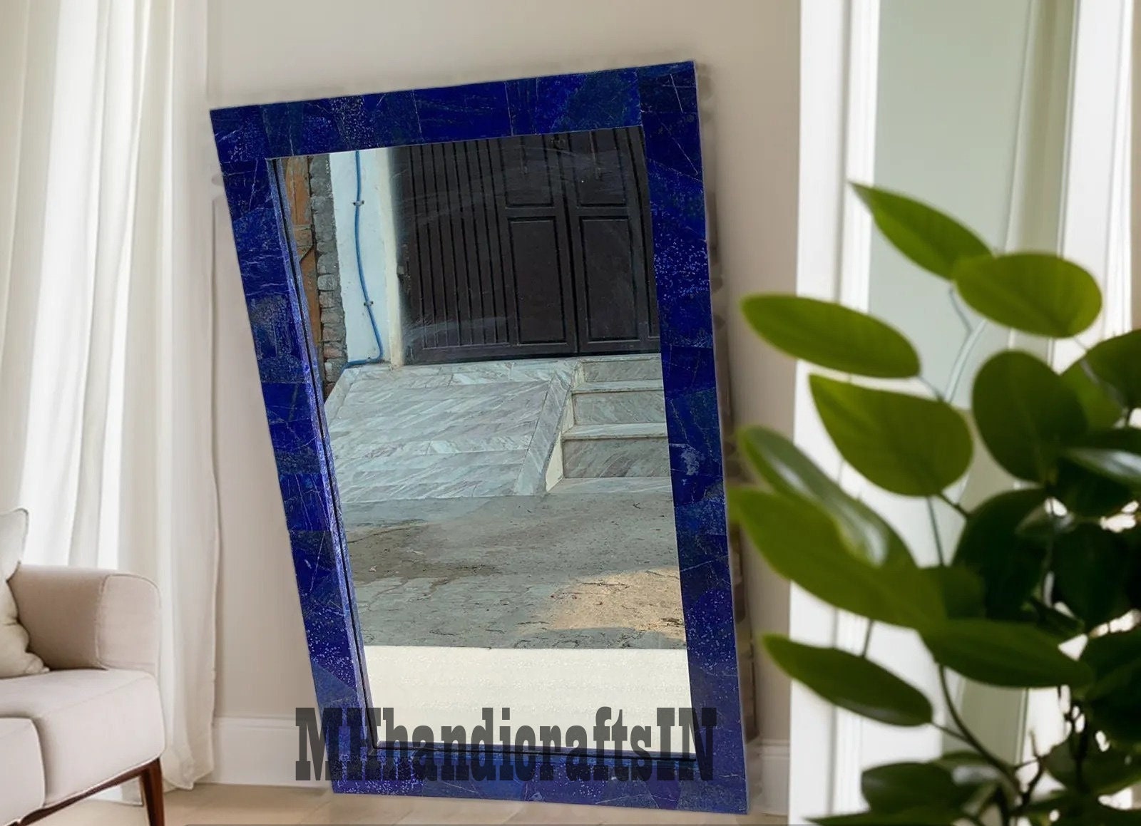 Handmade Lapis Stone Wall Mirror Gemstone Mosaic Art Bathroom & Living ...