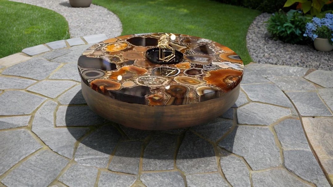Round Agate Stone Center Sofa Coffee Table Luxury Handmade Kitchen Slab ...
