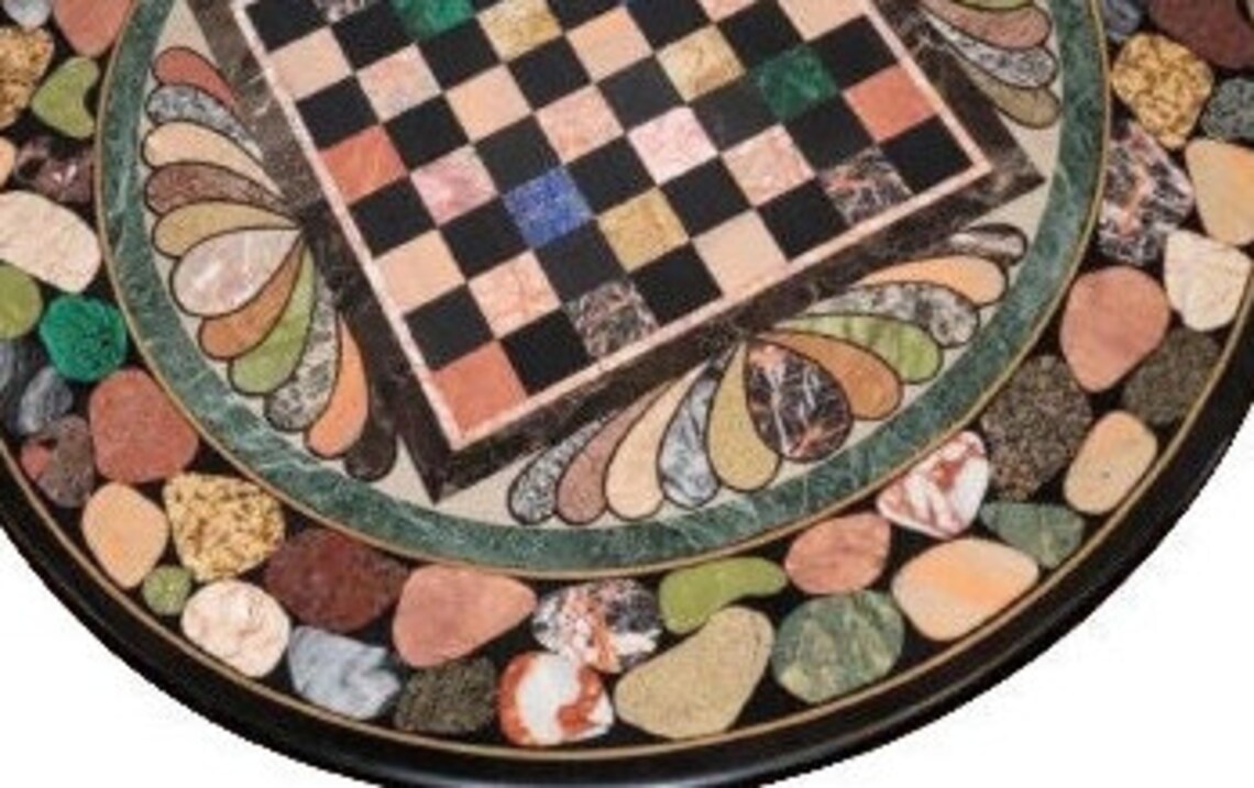 Marble Chess Table Top in Round Shape With Semi Precious Mosaic Stone ...