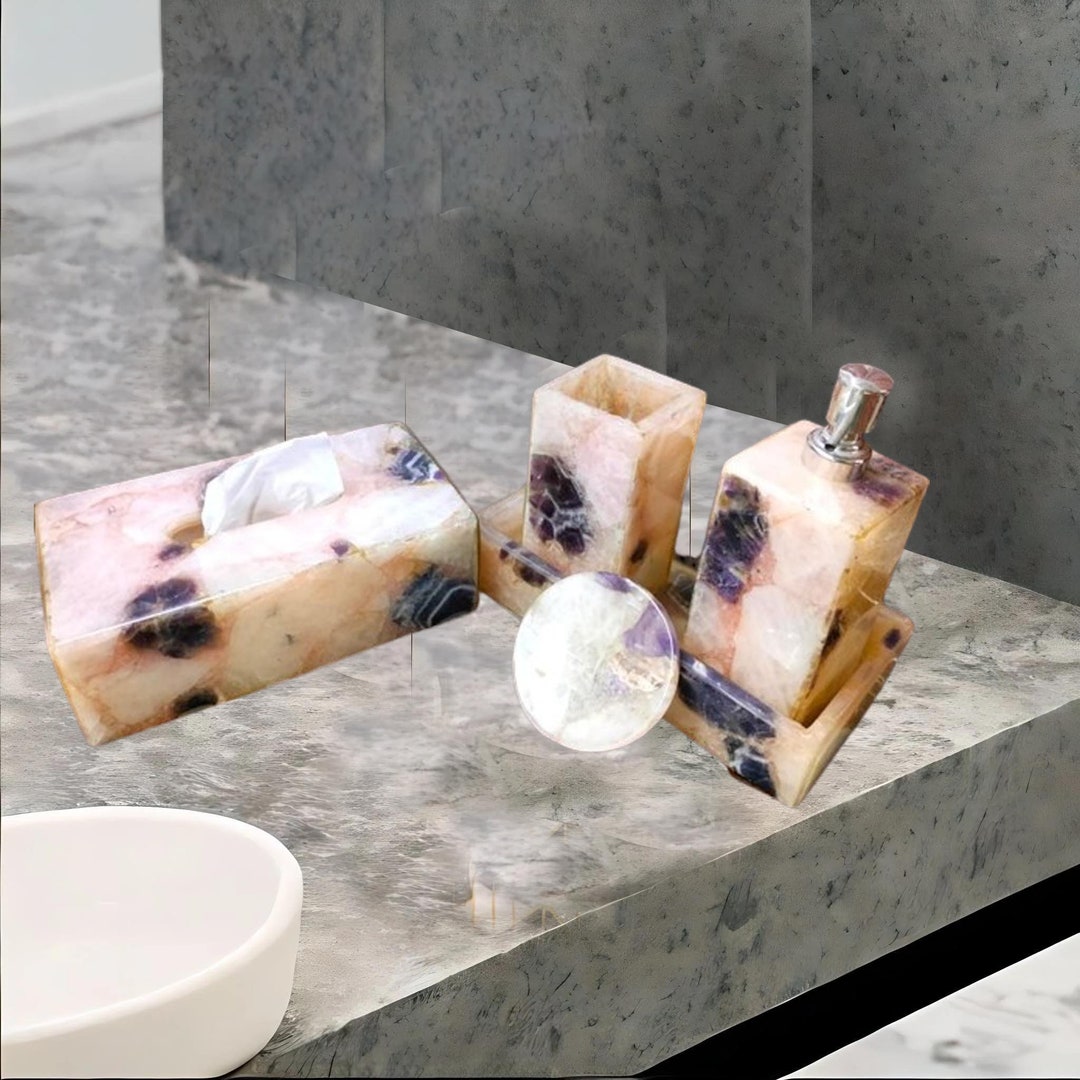 Quartz & Amethyst Stone Bathroom Set / Complete Accessories Bath Décor ...
