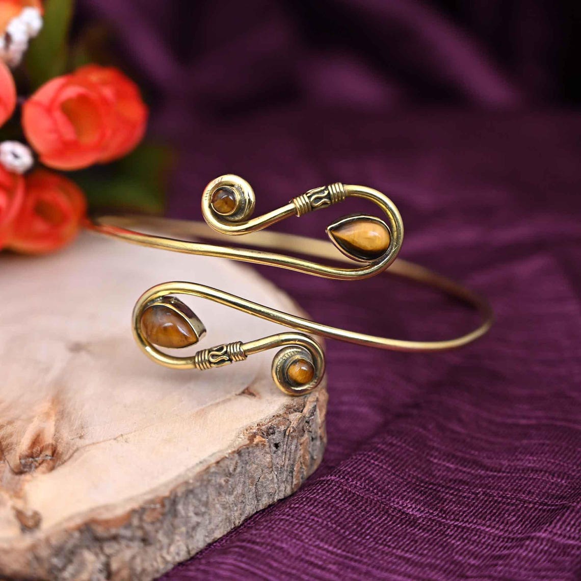 Gold Spiral Arm Cuff: Tigers Eye Gemstone Boho Bracelet - Etsy