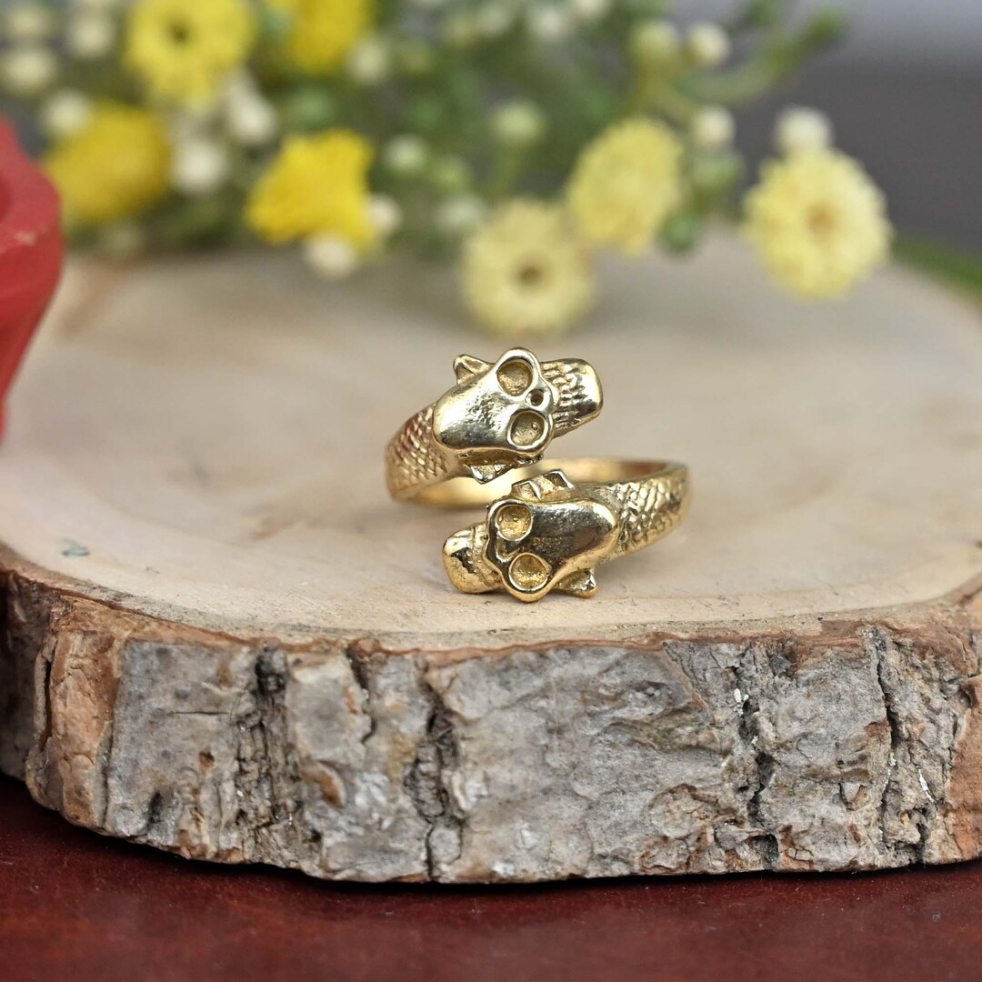 Brass Ring, Double Head Skull Ring / Two Skulls Gold Adjustable Ring - Etsy