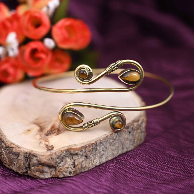 Gold Spiral Arm Cuff: Tigers Eye Gemstone Boho Bracelet - Etsy