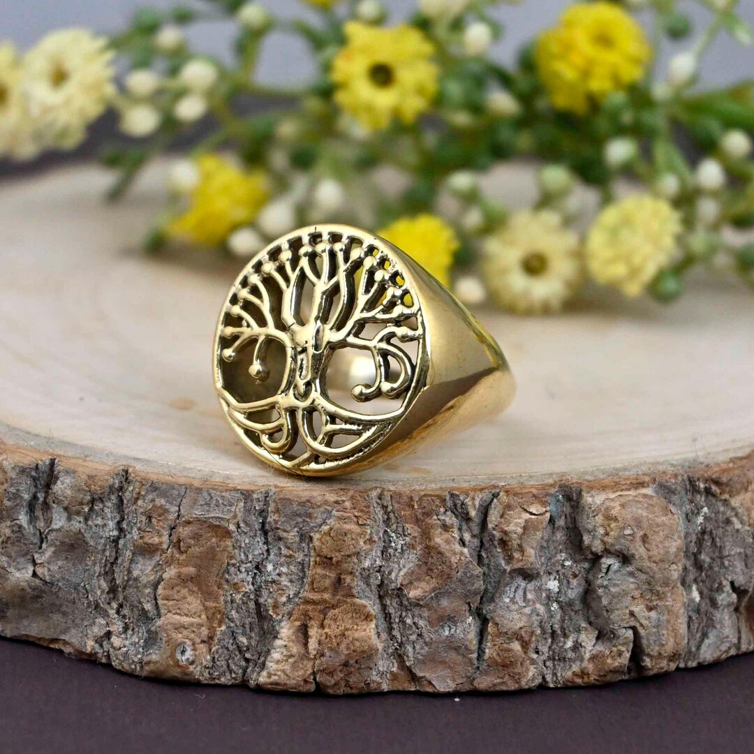 Gold Tree of Life Signet Ring, Family Tree Gold Ring, Personalized Tree ...