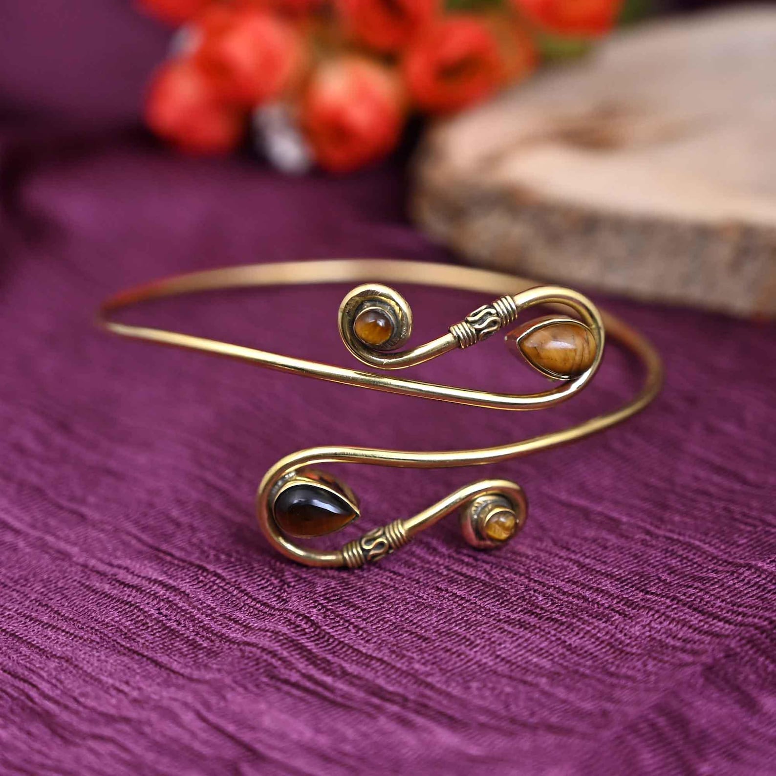 Gold Spiral Arm Cuff: Tigers Eye Gemstone Boho Bracelet - Etsy