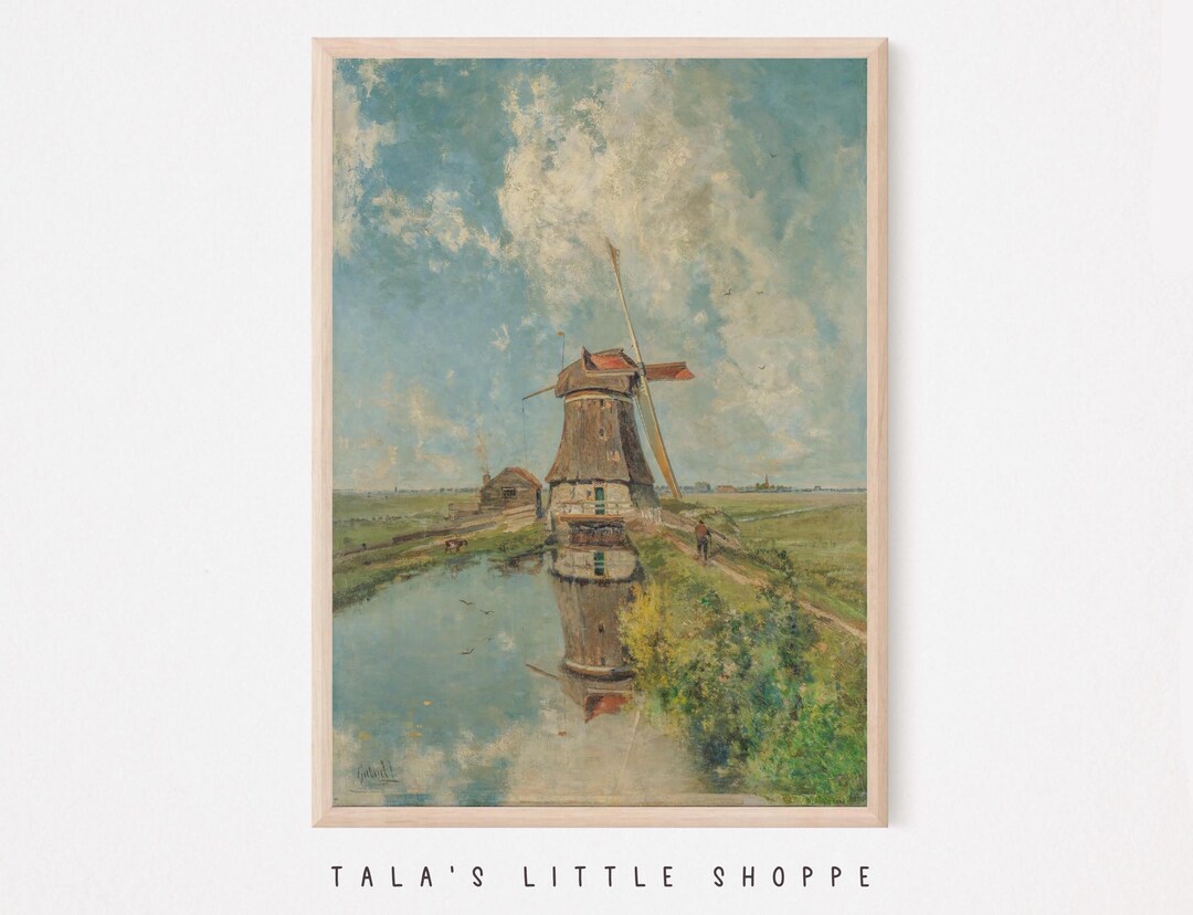 Dutch Windmill, Landscape Painting, Oil Painting, Art Prints, Printable ...
