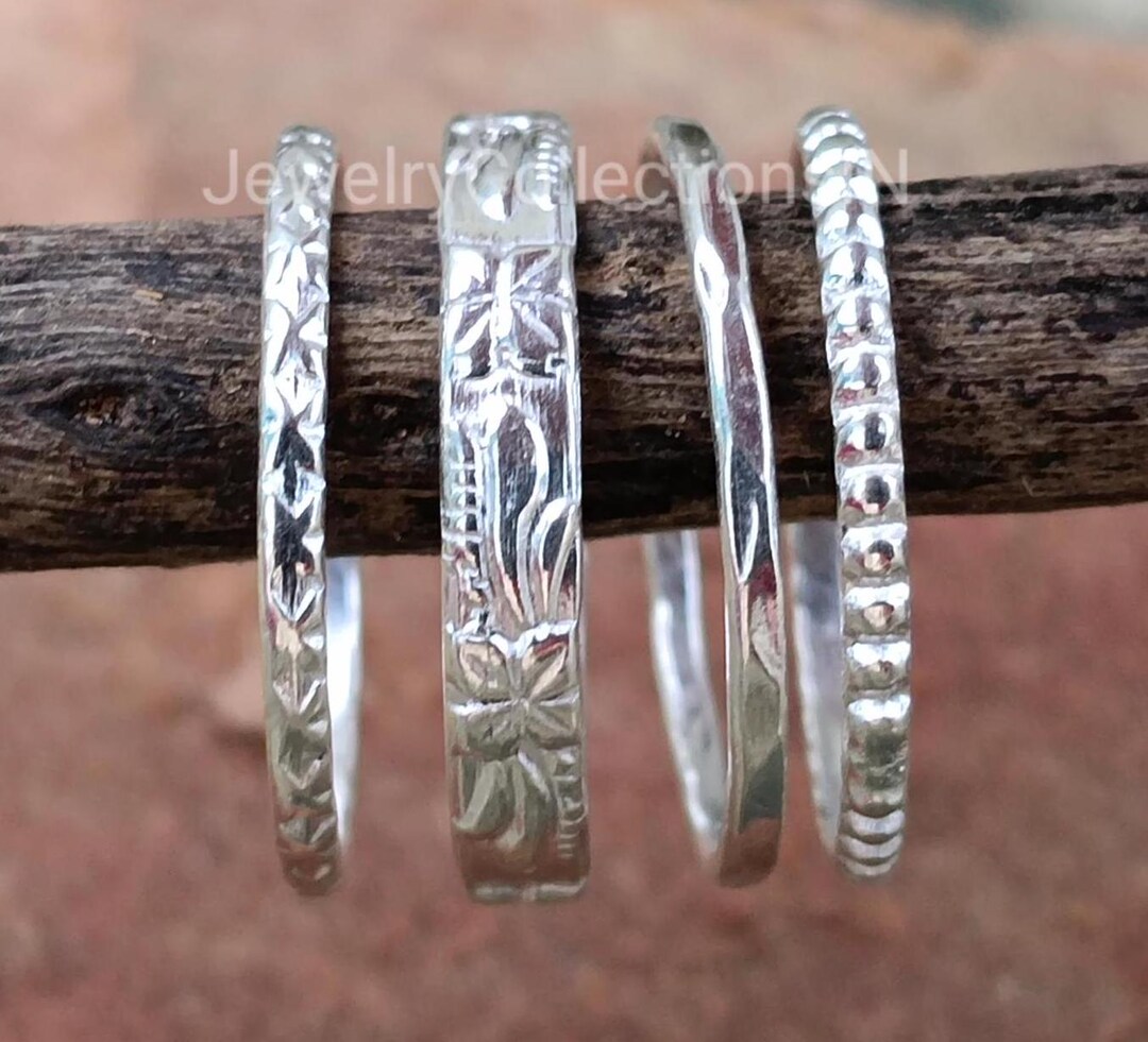 Set of 4 Sterling Silver Stacking Rings, Thin & Thick Rings, Assorted Pattern Rings, Dainty ...