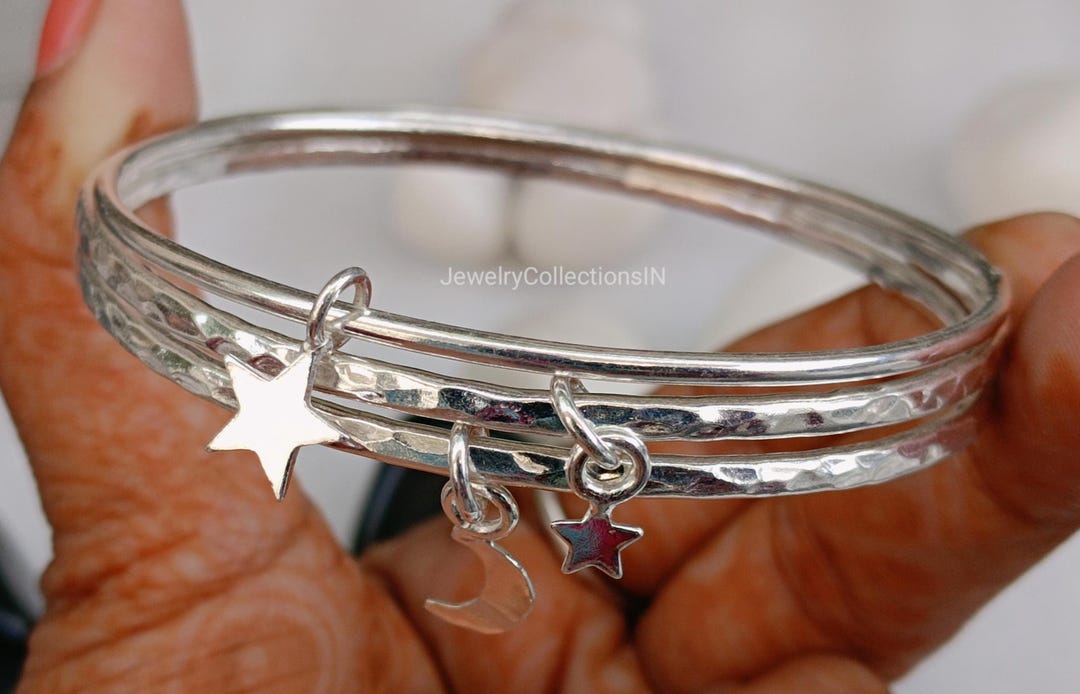 Sterling Silver Moon & Star Bangle Set of 3 Bangles: Celestial Handmade ...