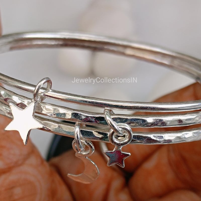 Silver Moon Charm Bangle - Etsy