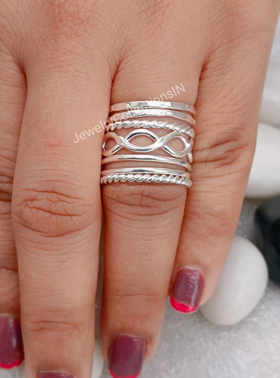 Set of 7 Sterling Silver Stacking Rings, Thin & Thick Rings, Dainty ...