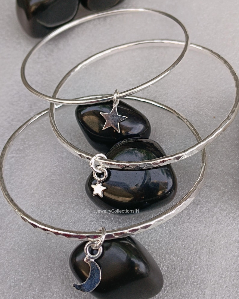Sterling Silver Moon & Star Bangle Set of 3 Bangles: Celestial Handmade ...