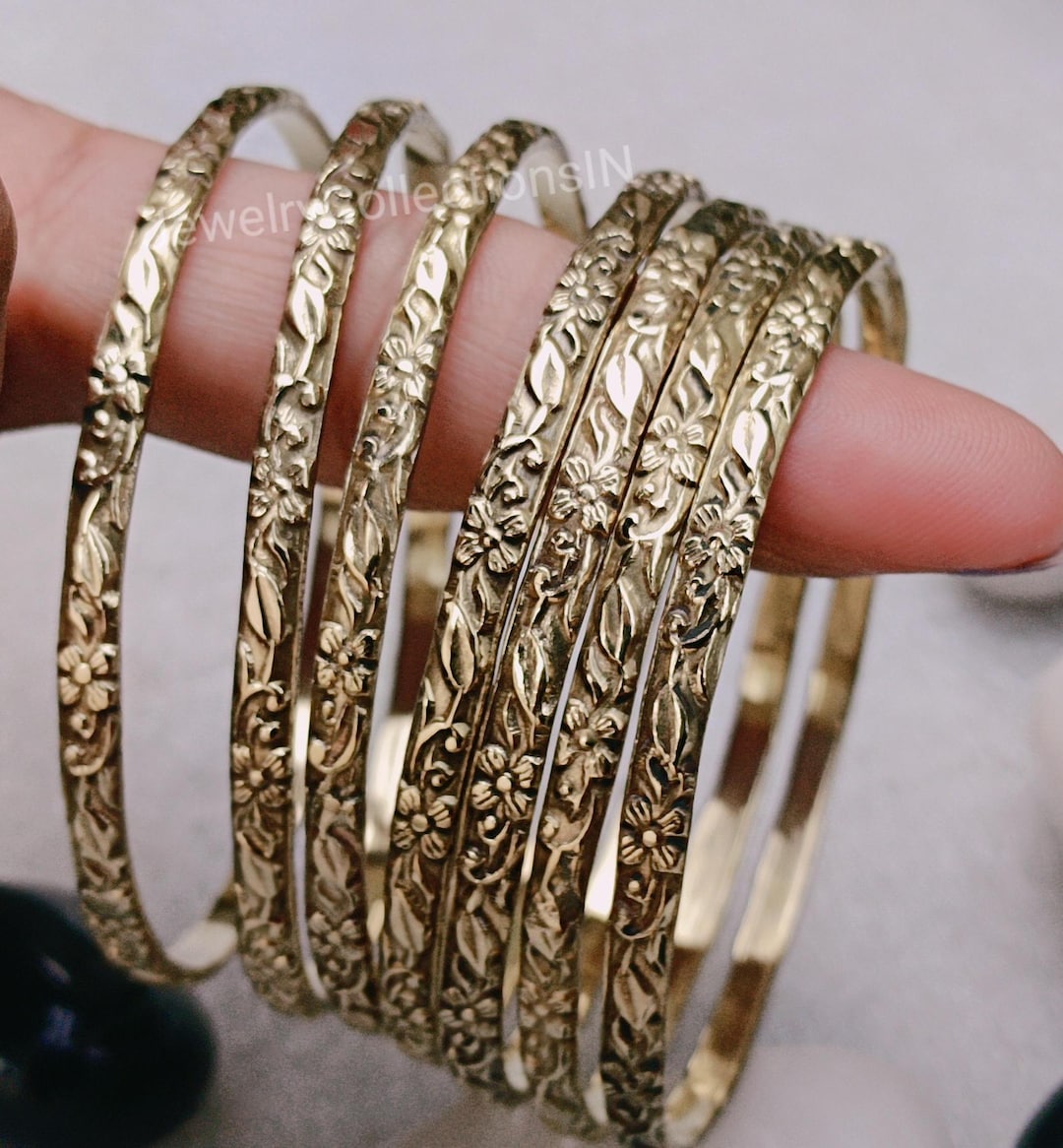 Floral Solid Brass Bangle Set - Bridesmaid Jewelry - Set of 7 - Etsy