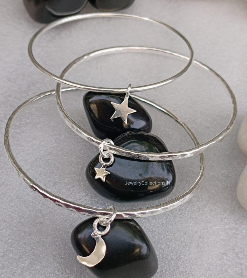 Sterling Silver Moon & Star Bangle Set of 3 Bangles: Celestial Handmade ...