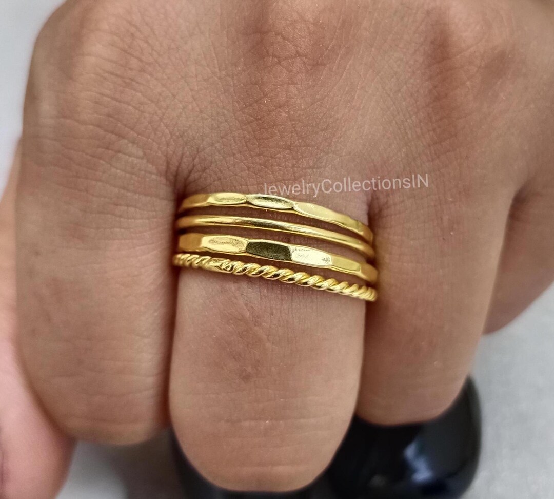 Thin Gold Filled Stacking Rings, Set of 4 Dainty Stack Rings - 2 Hammered Stack Rings, 1 Smooth ...