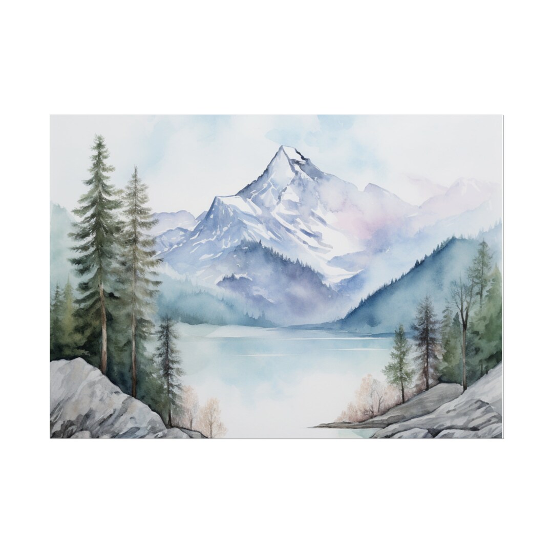 Watercolor Mountain River Painting Print Pine Tree Wall Art, Foggy ...