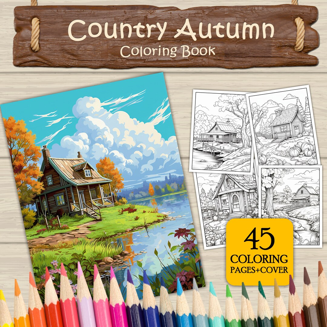 Country Autumn Coloring Pages for Adults and Kids Instant Download Cute ...