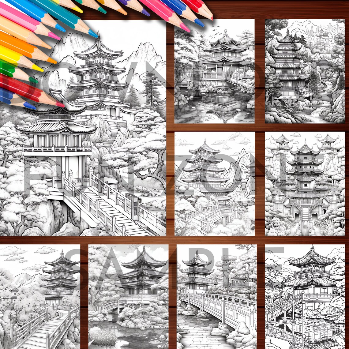 22 Chines Houses Coloring Page for Adults and Kids Instant Download ...
