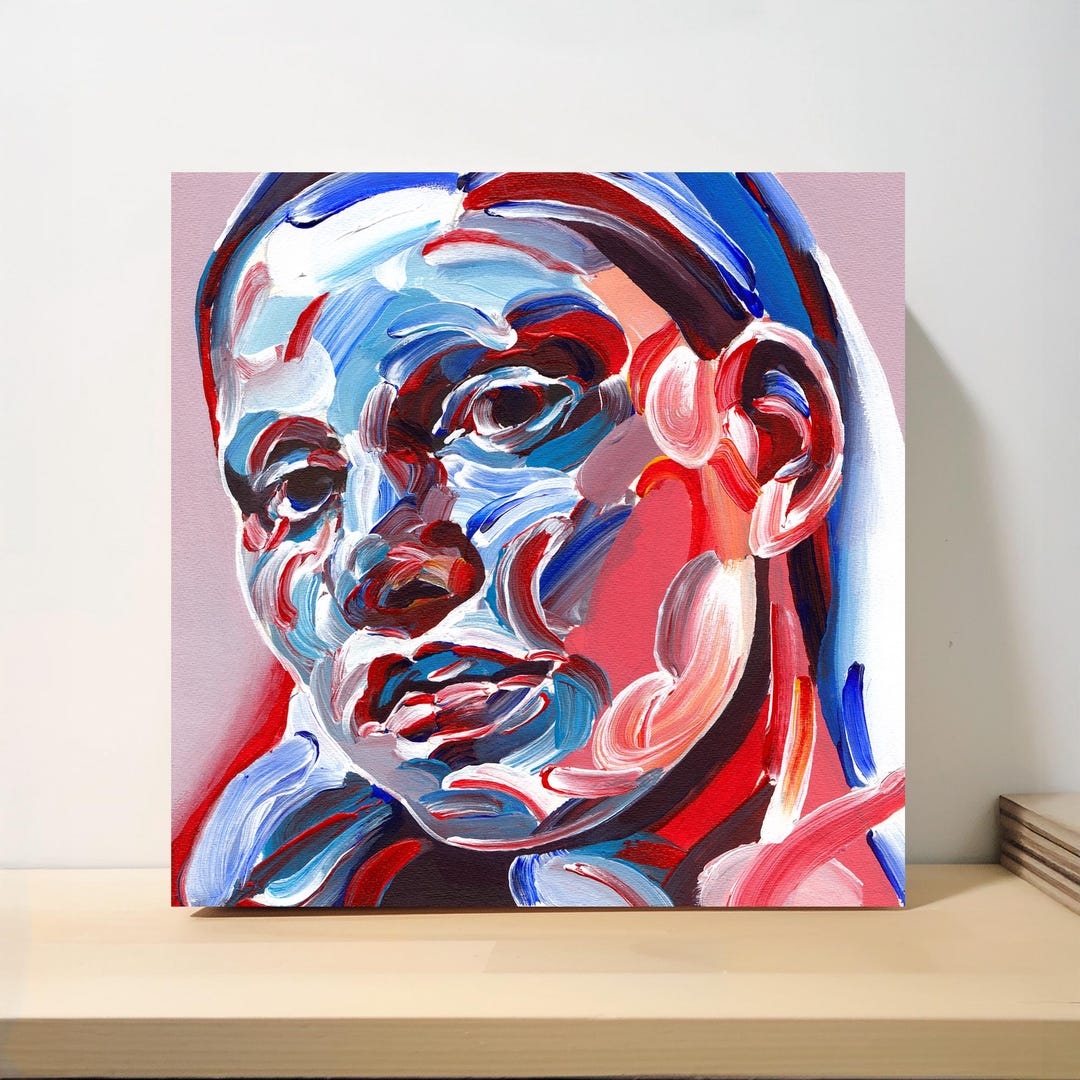 Small Mini Original Portrait Painting on Wooden Panel, Colourful ...