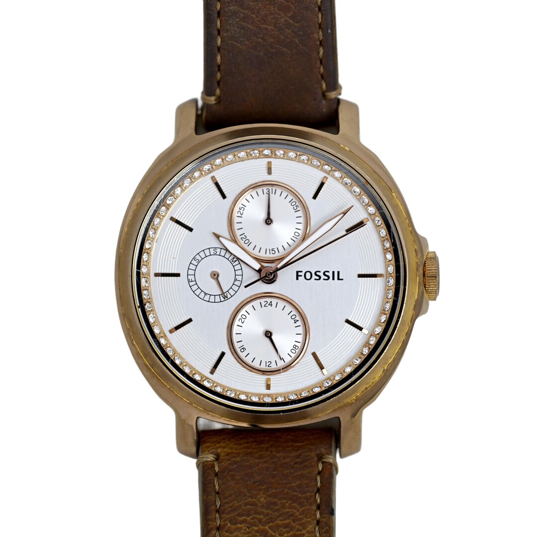 Fossil Unisex Day Date Rose Gold White Dial Diamond Bezel Genuine ...