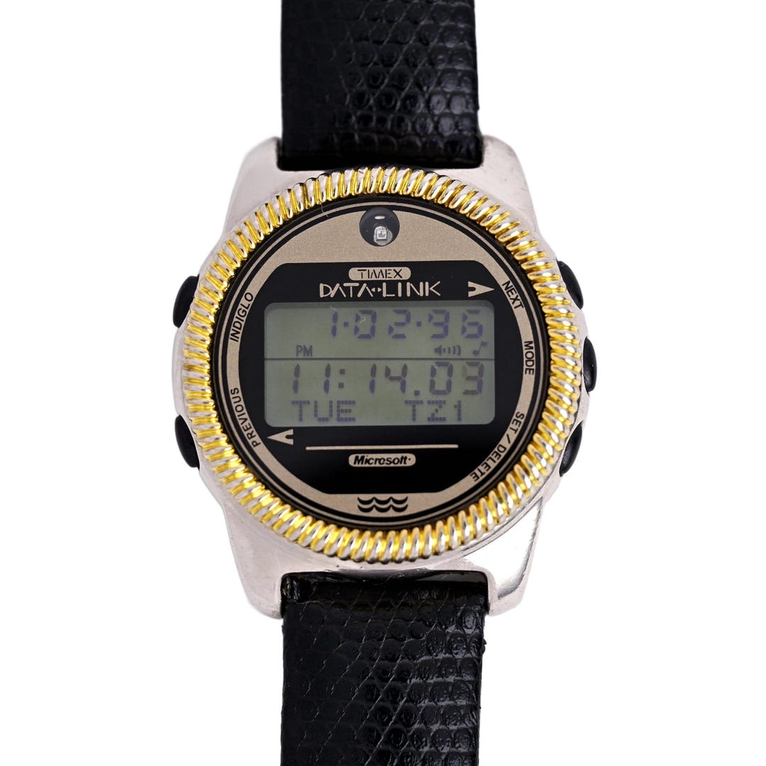 Timex Vintage Microsoft 1990s Data Link Wrist Watch 37mm Gold Bezel LCD ...