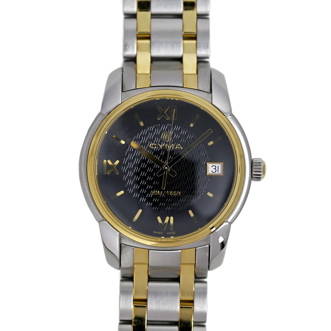 Cyma Le Locle Swiss Made Men's Black Dial Dress 37mm Watch Two Tone ...