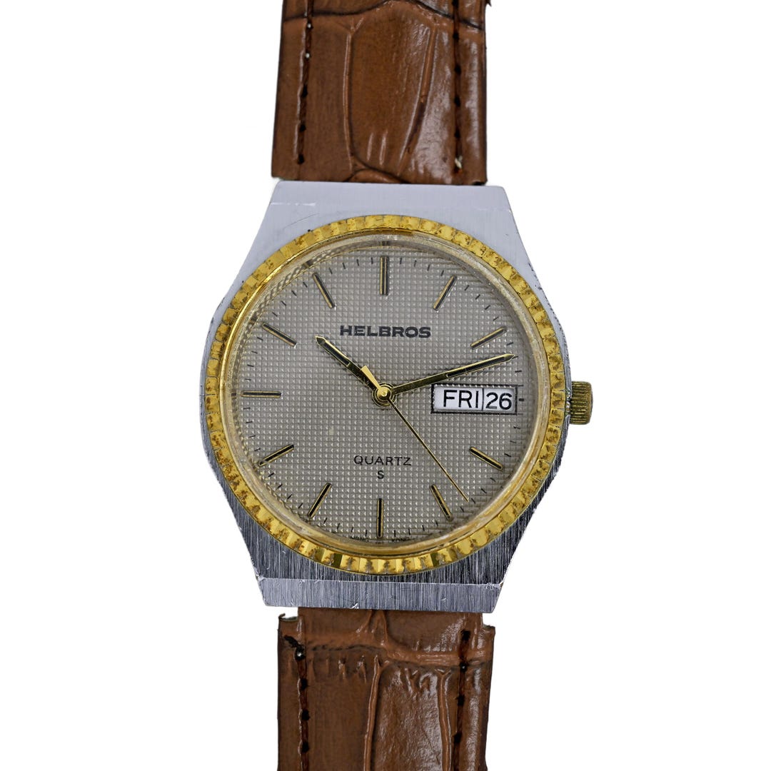 Helbros Men's Gold Plated Bezel Stainless Steel Vintage 1990's Waffle ...