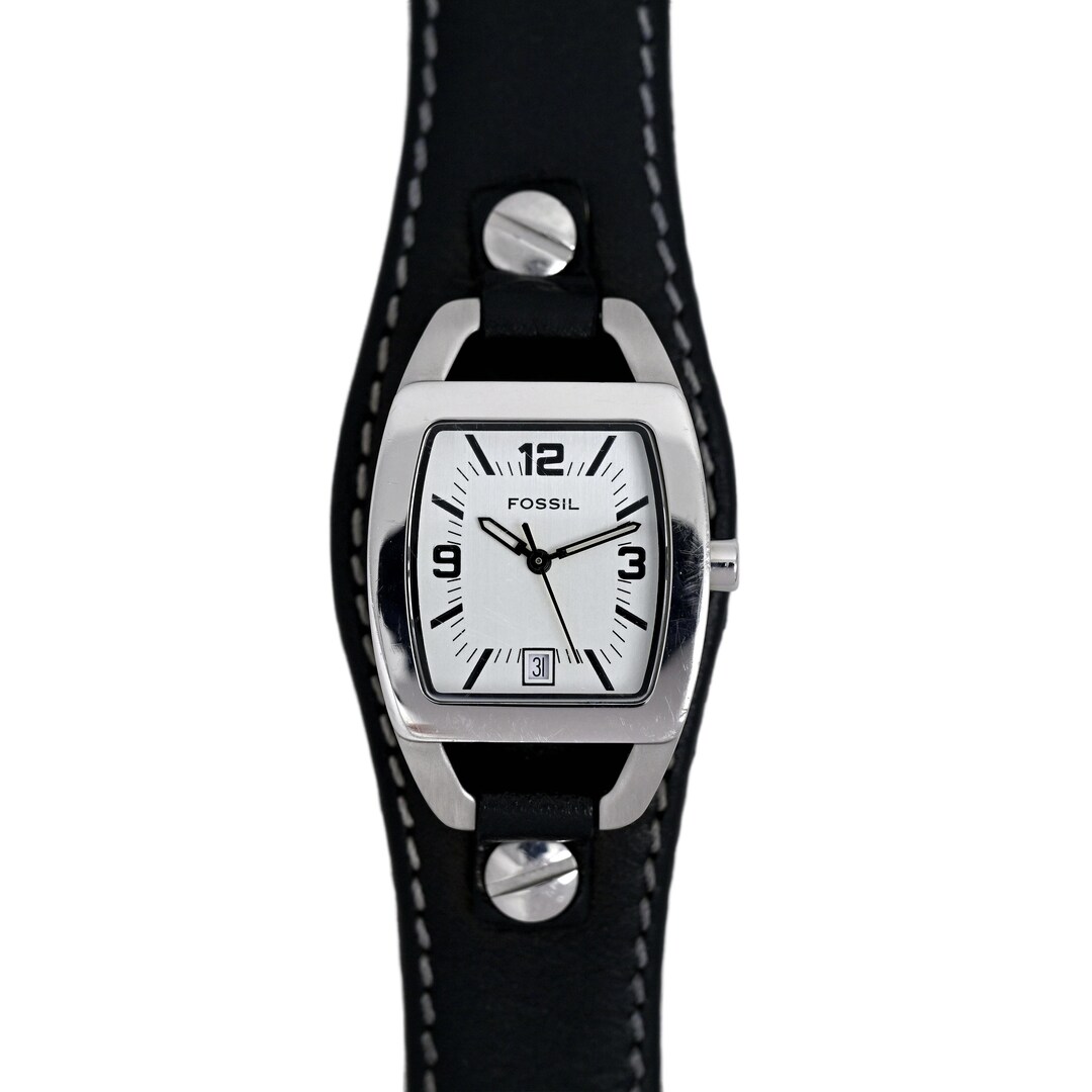 Fossil Genuine Leather Bund Band Quartz Watch Tonneau Shape White Dial ...