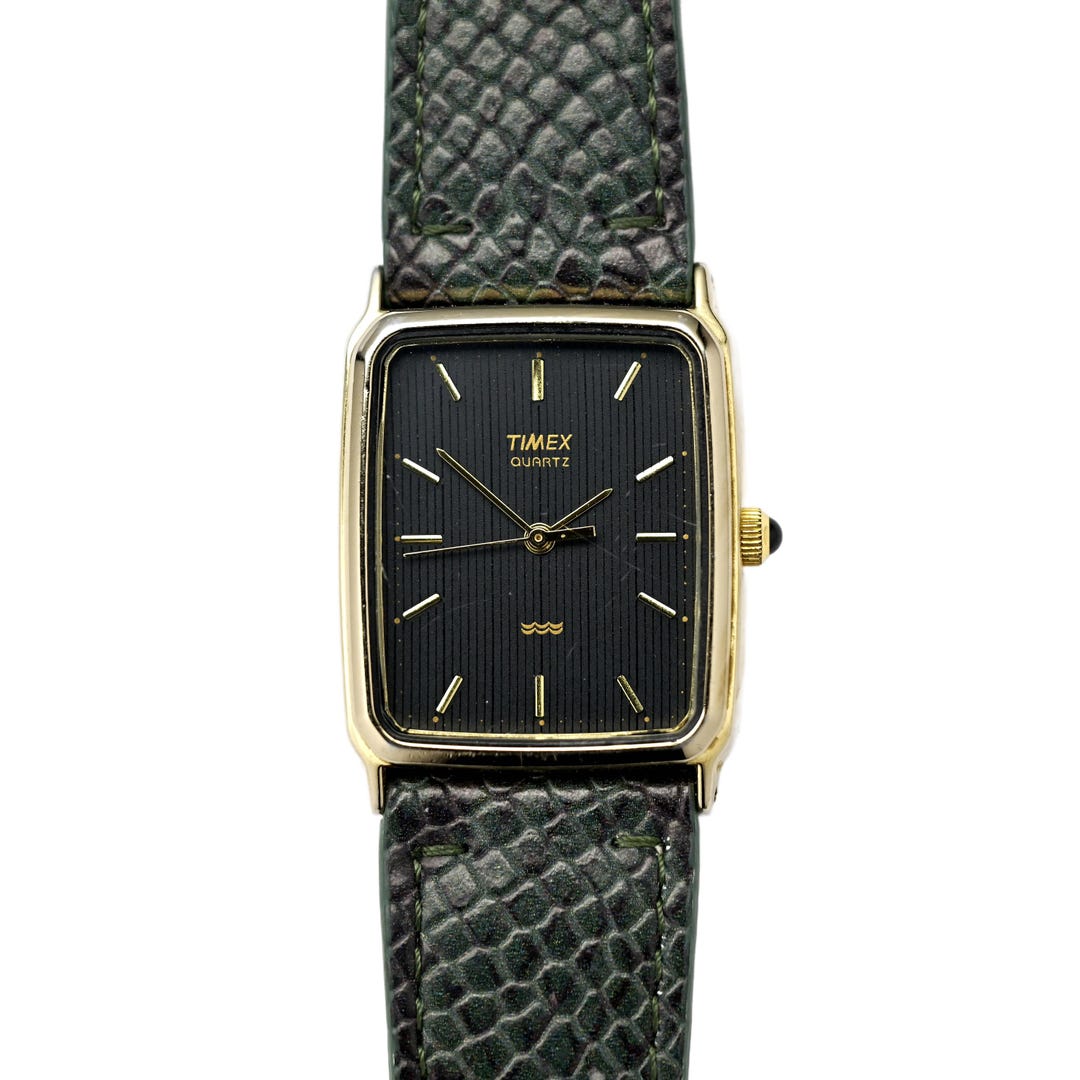 Timex Quartz Vintage Black Dial 1990s Tank Wrist Watch Gold Plated ...