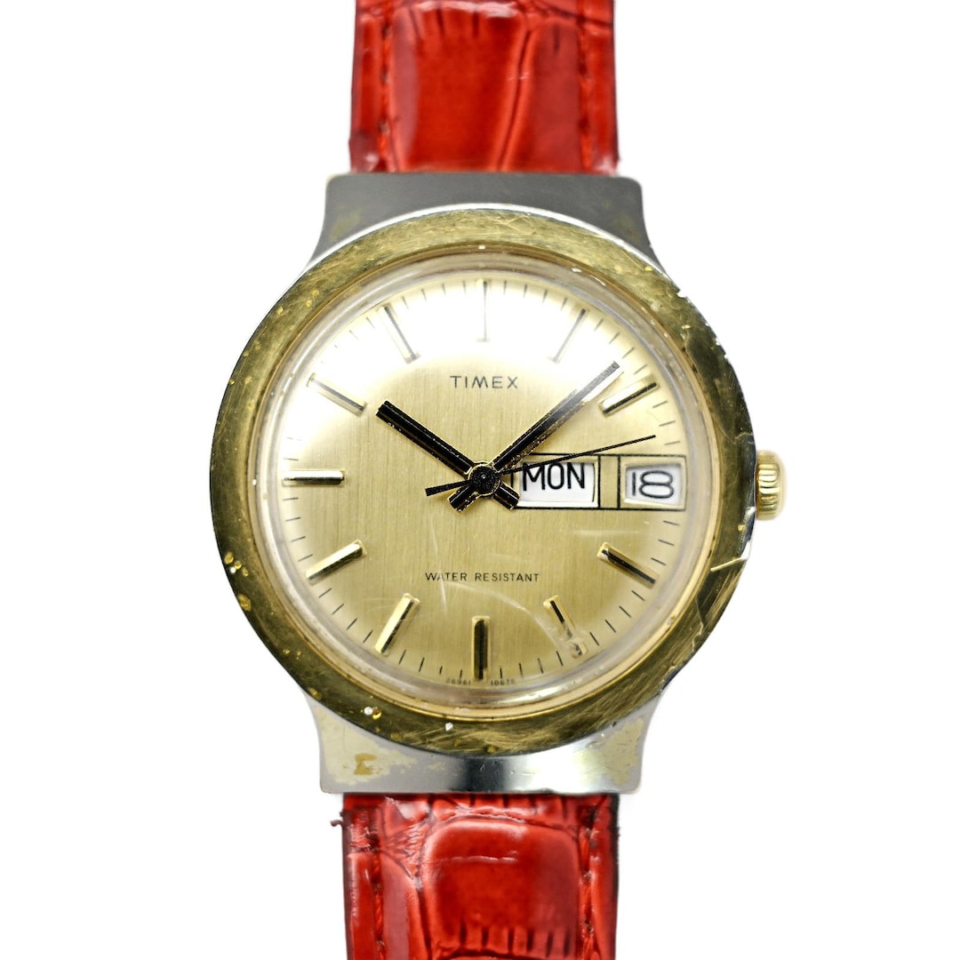 Timex Mechanical Red Strap Gold Dial Stainless Steel 1970's - Etsy