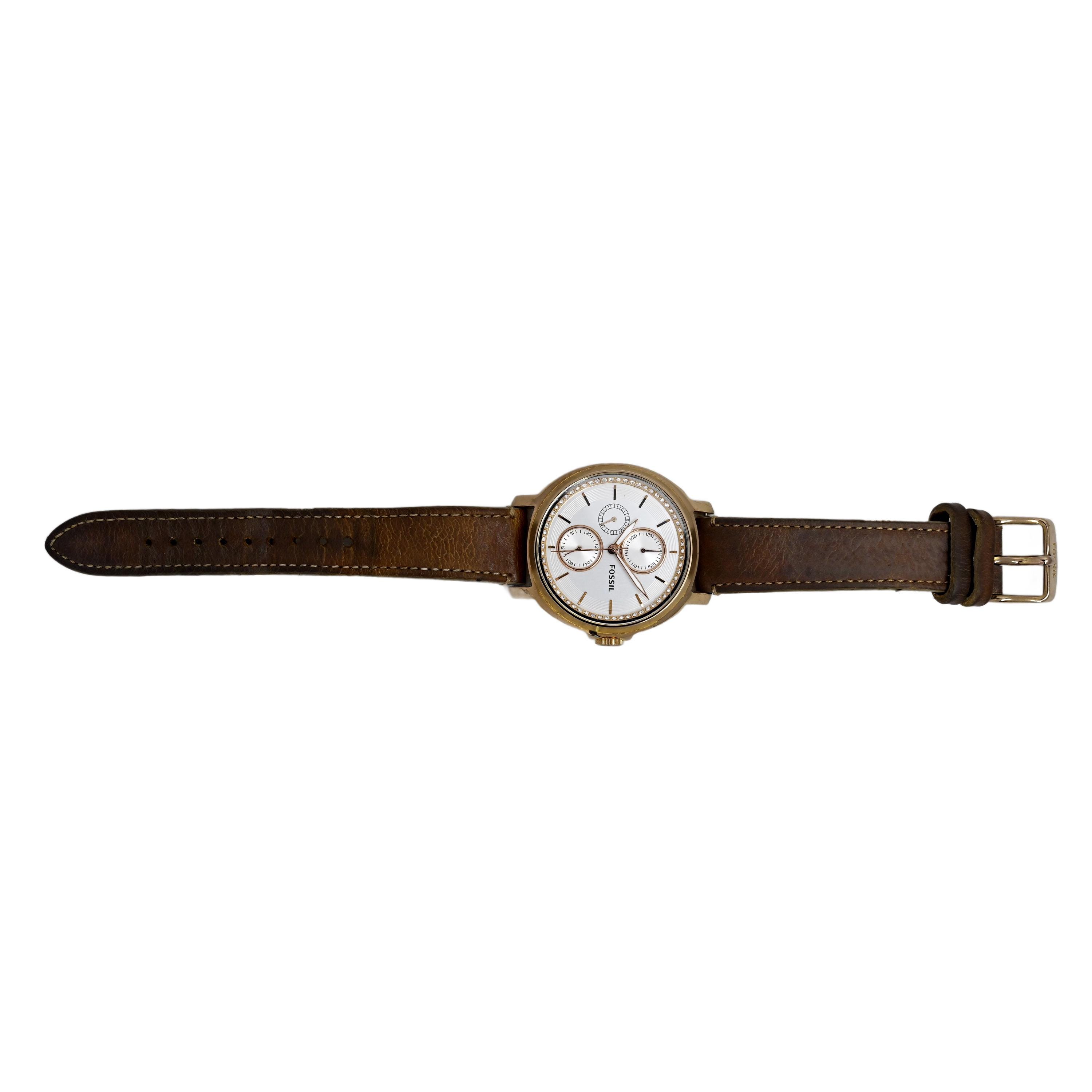 Fossil Unisex Day Date Rose Gold White Dial Diamond Bezel Genuine ...