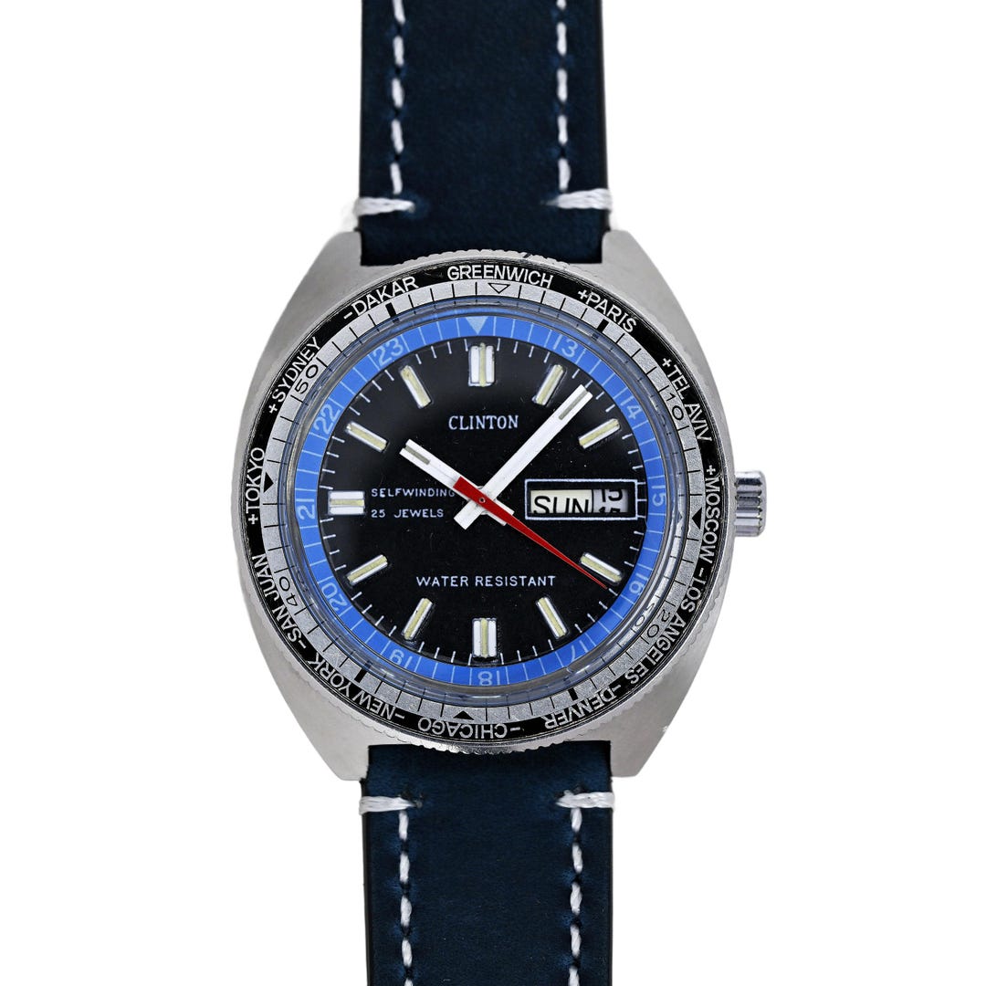 Clinton Vintage 40mm Automatic Men's 1960s World Time Bezel Watch Well ...