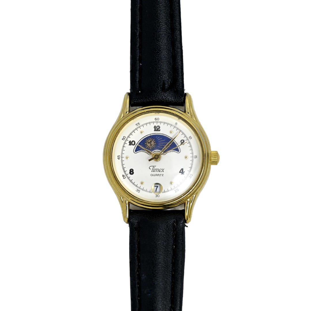 Timex Vintage 1990s Ladies Gold Plated Quartz Sun Moon Indicator Watch ...