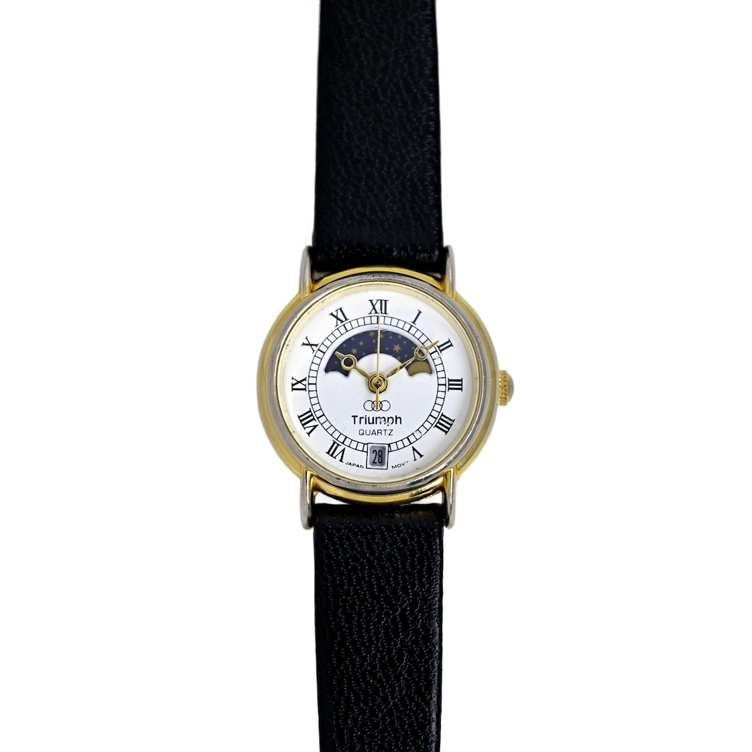Triumph Ladies Vintage 90's Quartz Gold Two Tone Sun Moon Dial White ...